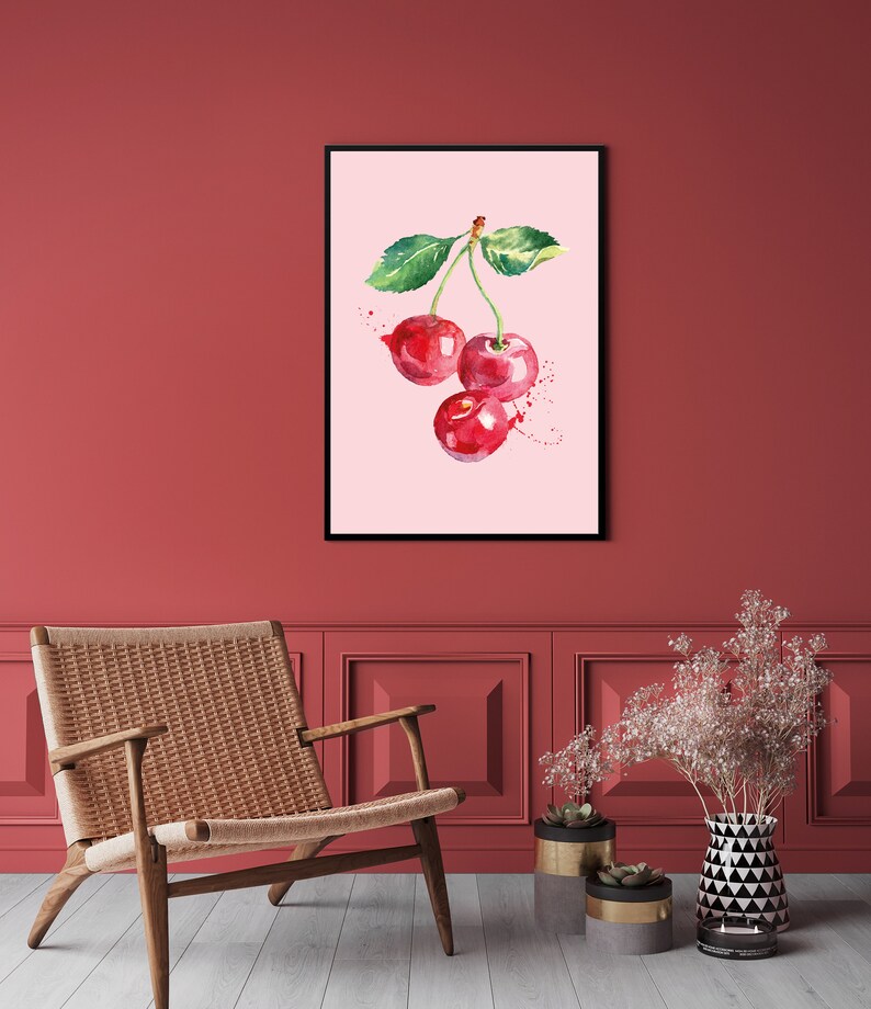 Watercolor Cherry Wall Art Print, Pink Girly Poster, Trendy Summer Decor, Cherry Poster ...