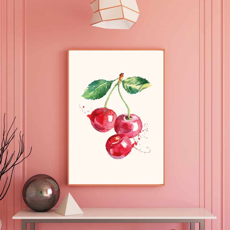Watercolor Cherry Wall Art Print, Pink Girly Poster, Trendy Summer ...