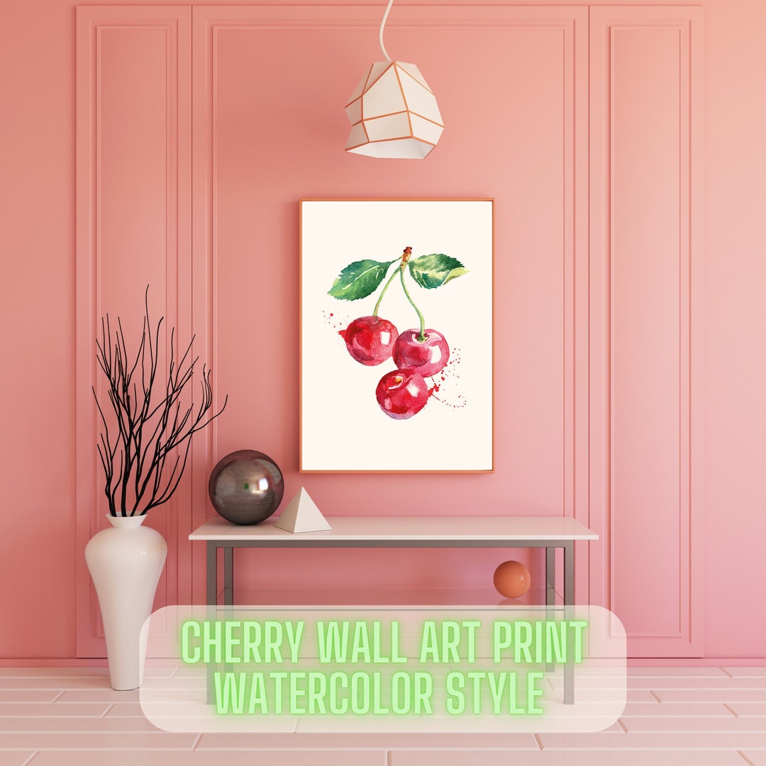 Watercolor Cherry Wall Art Print, Pink Girly Poster Dopamine Wall Art Danish Room Decor ...