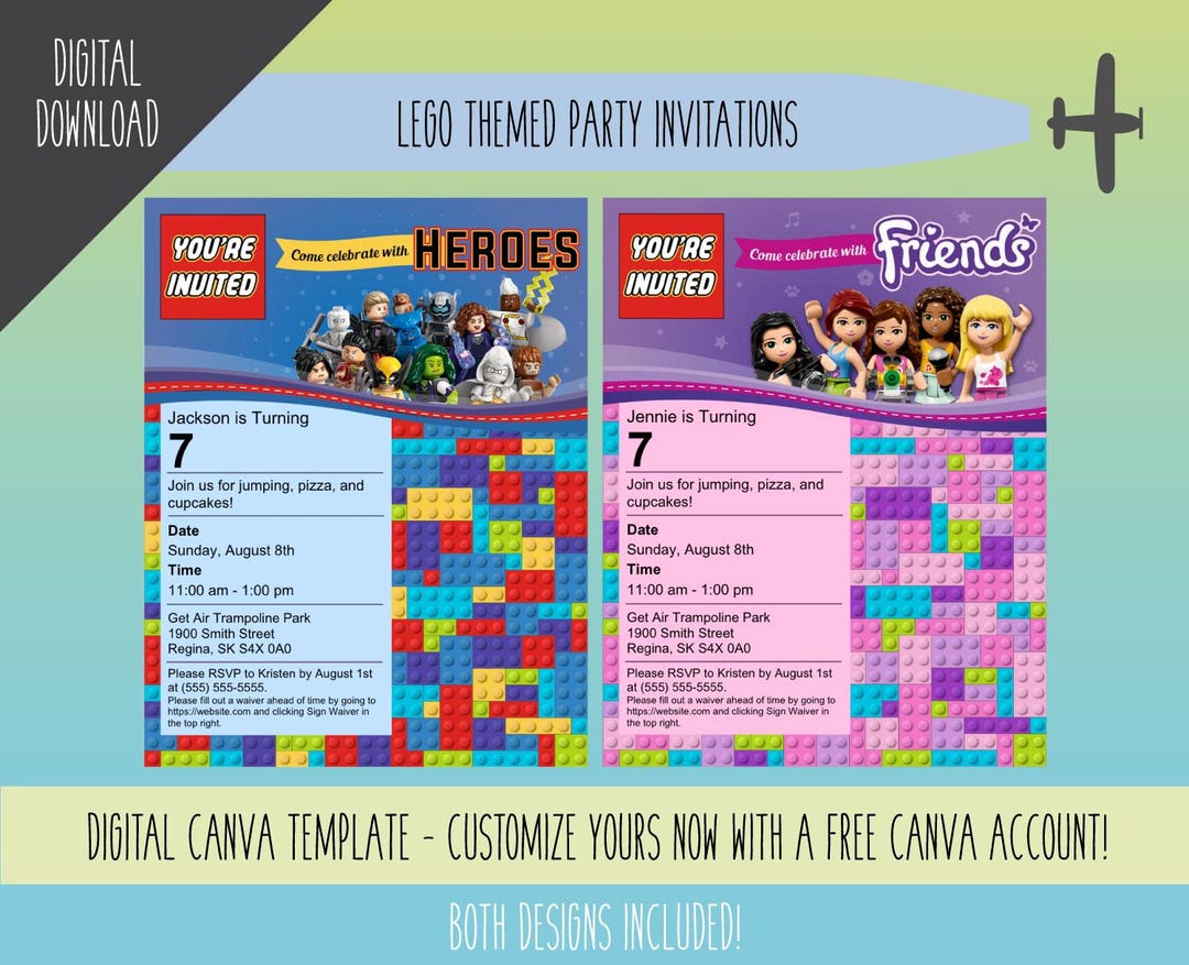 Lego Themed Customizable Party Invitations Lego Friends and Lego Marvel ...