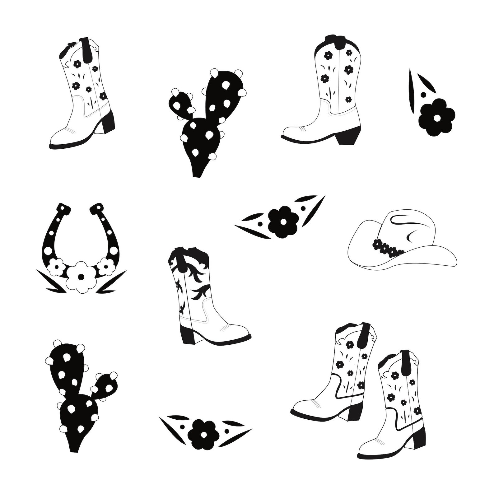 Western Graphic Pack | Cowgirl/cowboy Boots, Cactus, Flowers | American ...