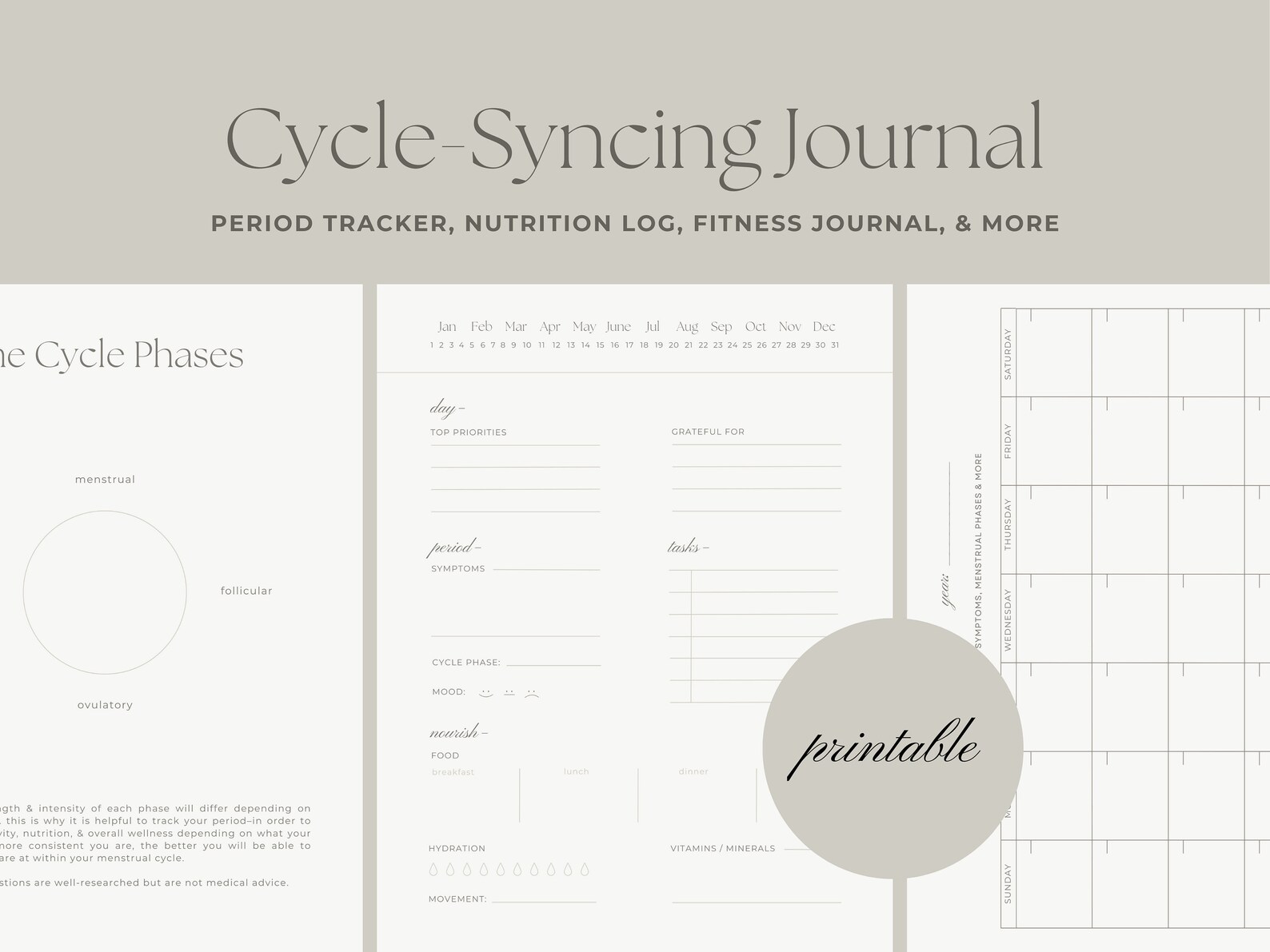 Cycle Syncing Journal With Calendar (printable) | Period Tracker ...