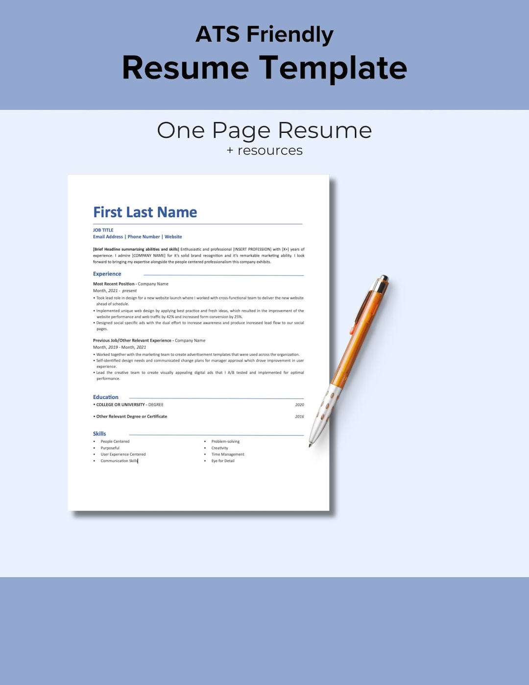 Simple Blue ATS Friendly Resume Template - Etsy