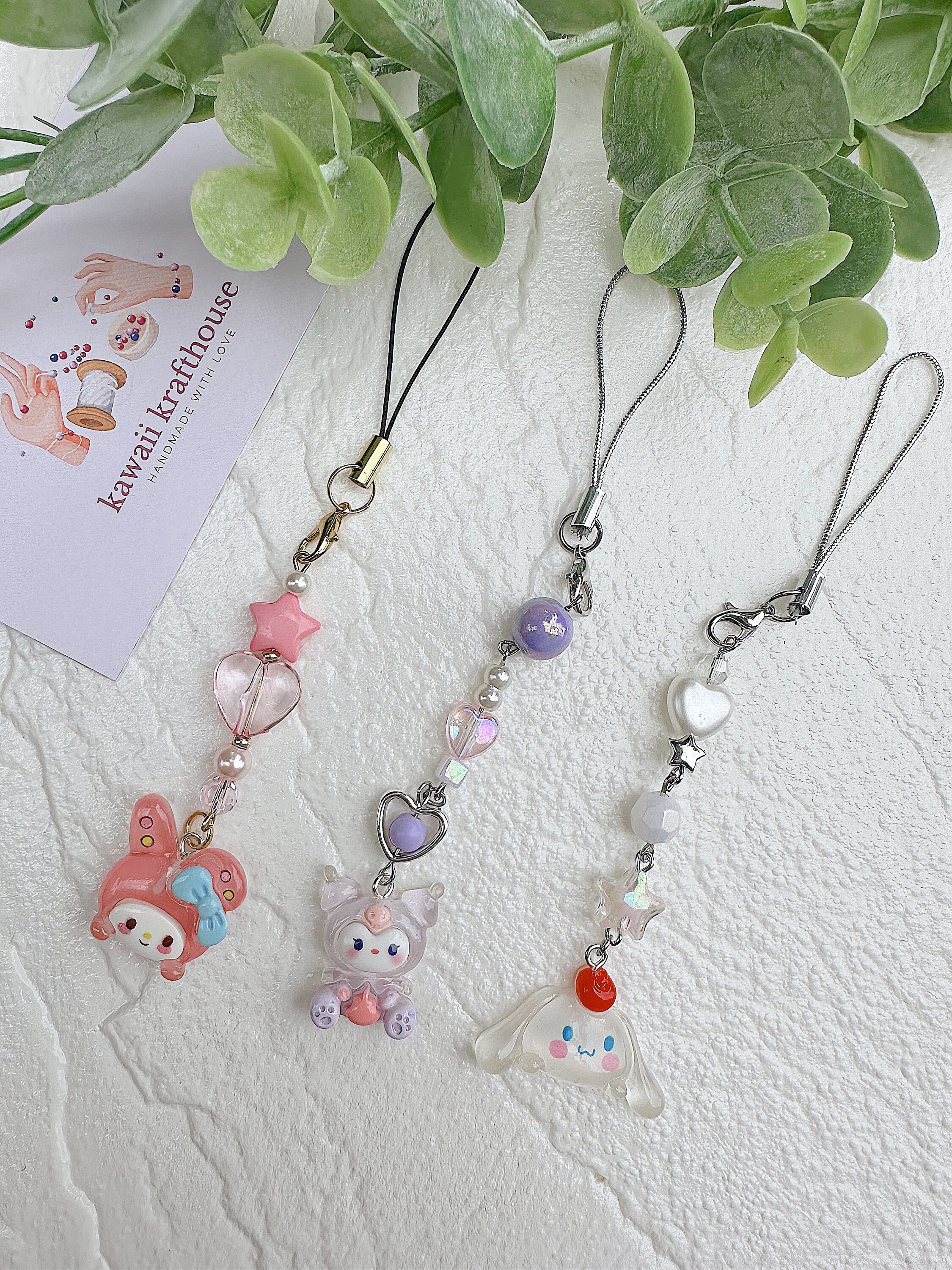 Cute Sanrio Beaded Phone Charm Straps Kawaii Kuromi Melody Cinnamoroll ...