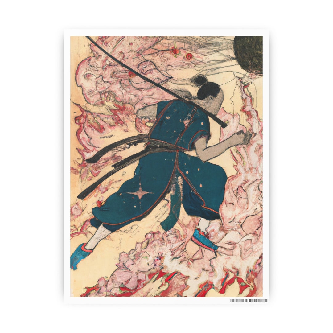 Ukiyo-e Japanese Swordsman Running on a Flame Photo Art Paper Posters ...