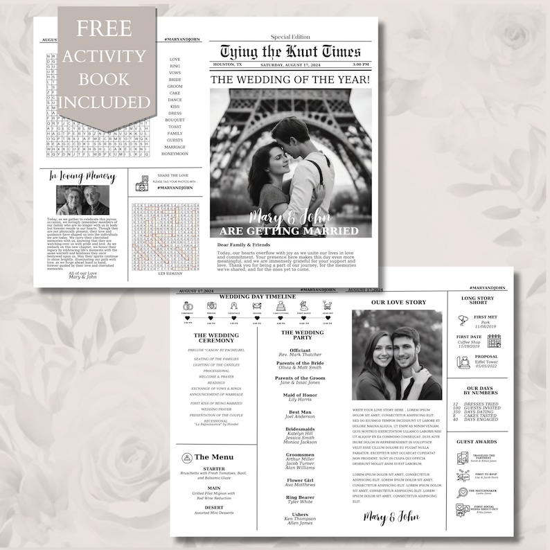 Newspaper Wedding Program Folded Canva Template Printable Wedding ...