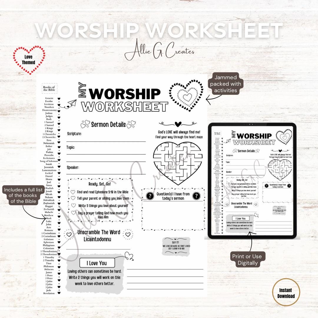 Worship Worksheet, Sermon Notes, Kids Sermon Notes, Church Activity ...