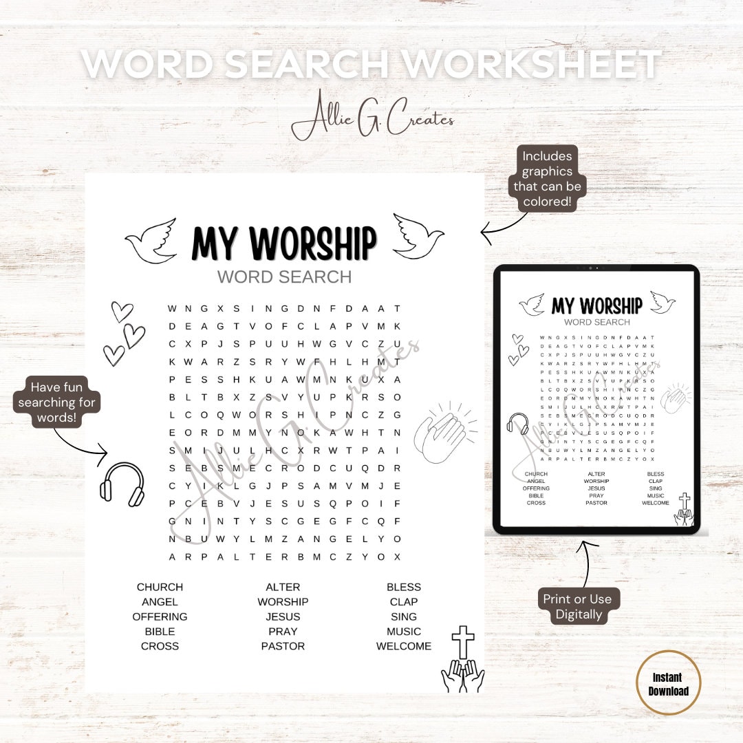 Word Search, Word Find, Kids Word Search, Worship Worksheet, Church ...