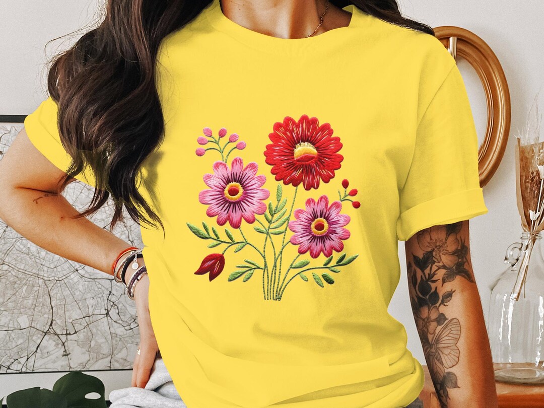Botanical Inspired Fake Embroidered Flowers Tee Perfect for Plant ...