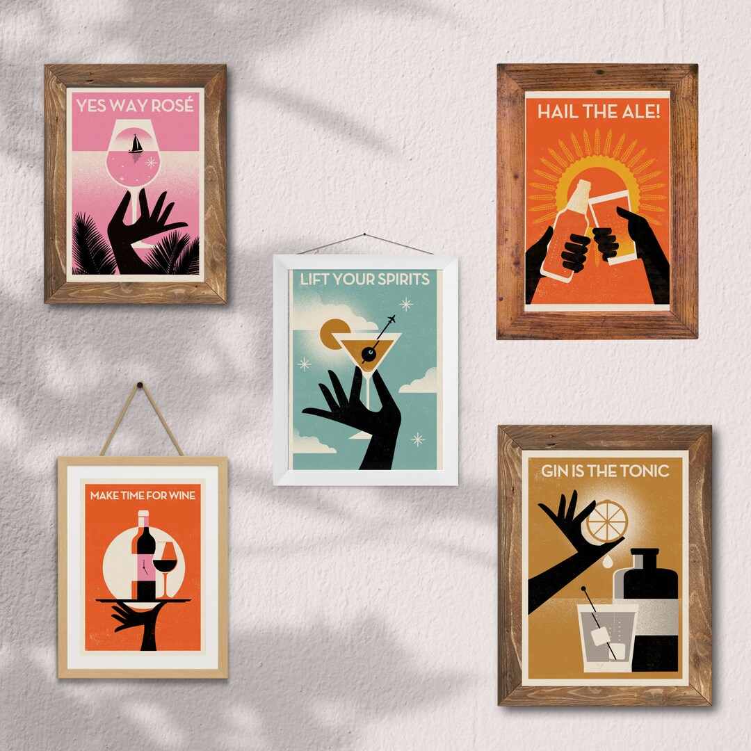 Set of 5 Wall Art Alcohol Retro - Drink Posters - Wall Decor - Wall at ...