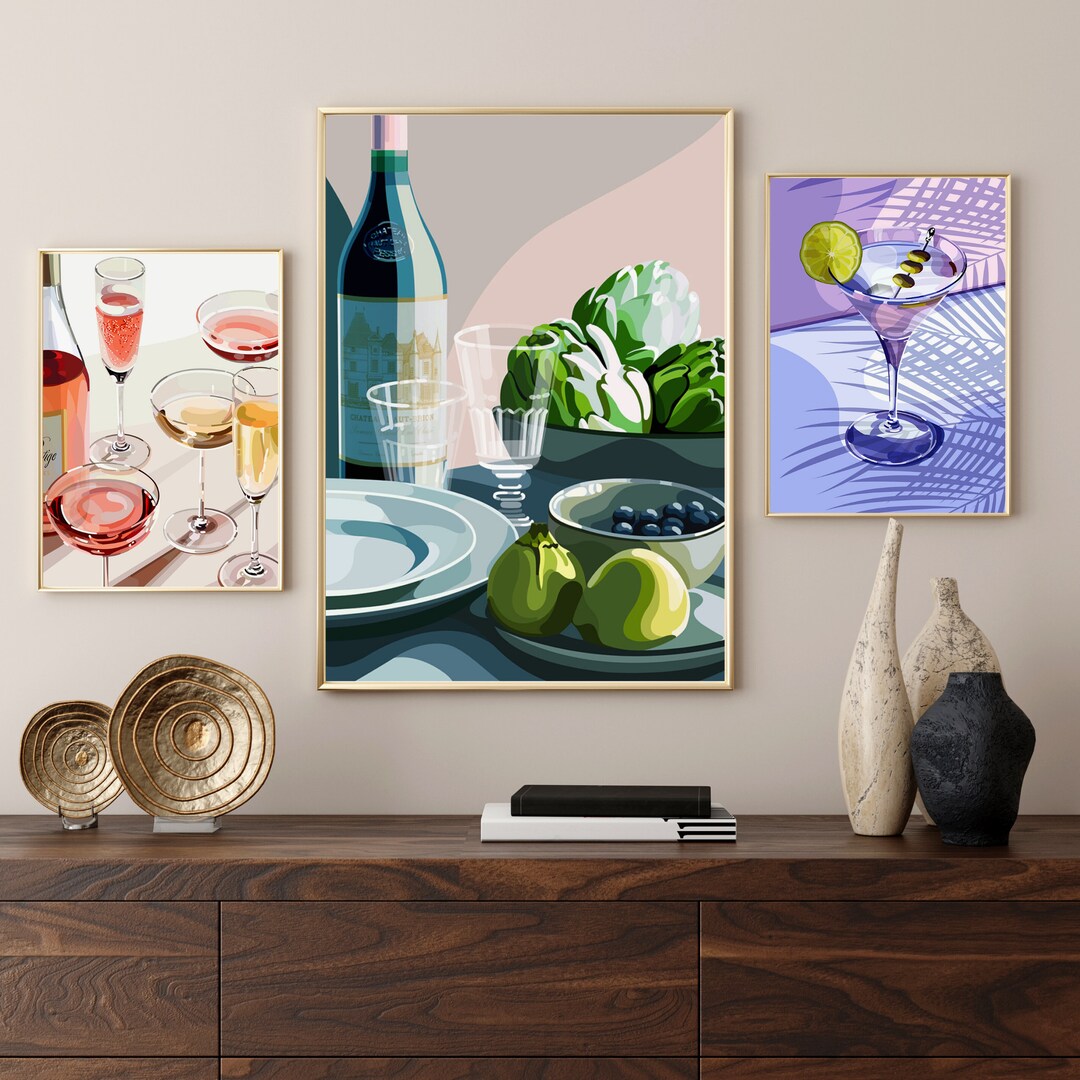 Set of 3 Retro Drink Posters, Printable Alcohol Wall Art, Wine Rose ...