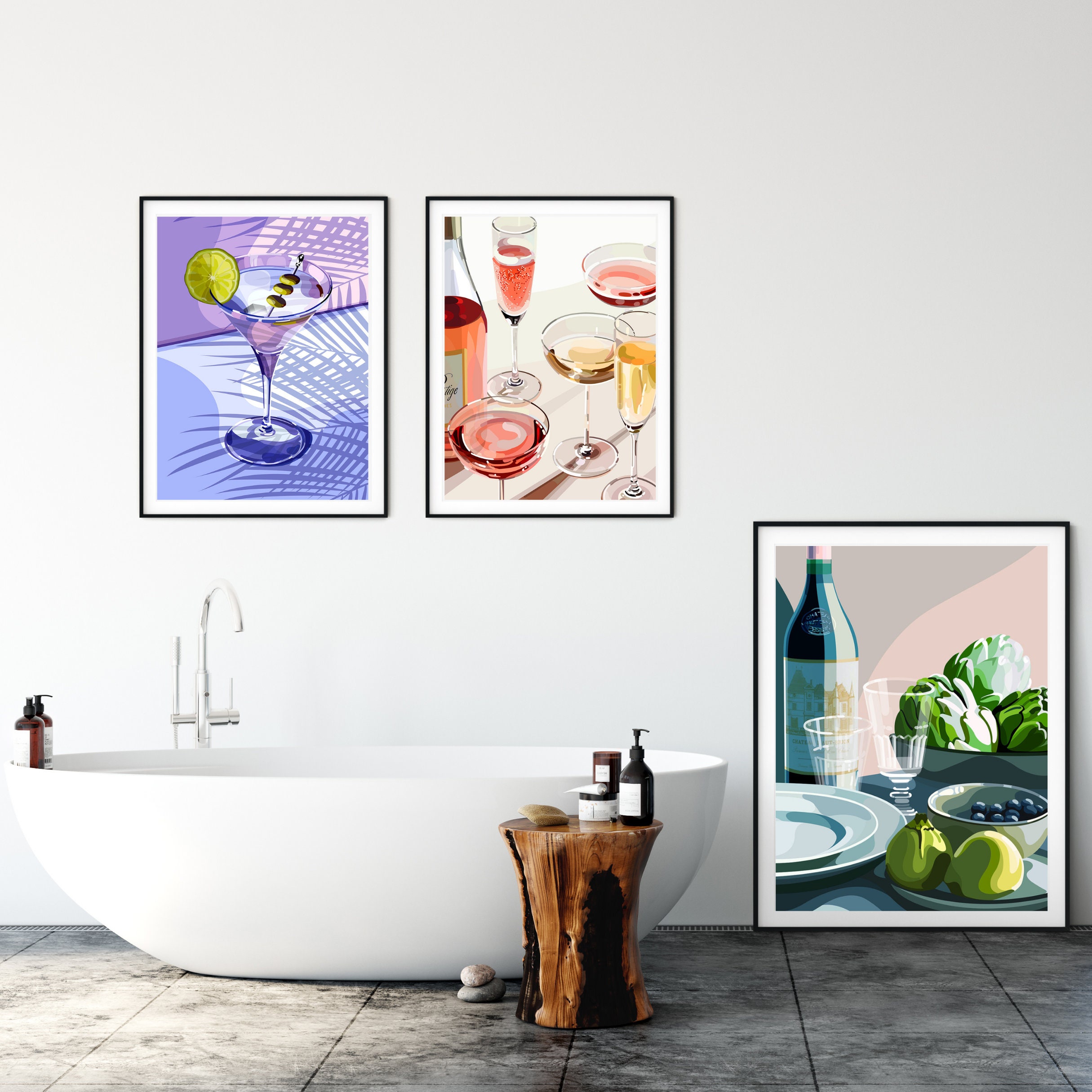 Set of 3 Retro Drink Posters, Printable Alcohol Wall Art, Wine Rose ...