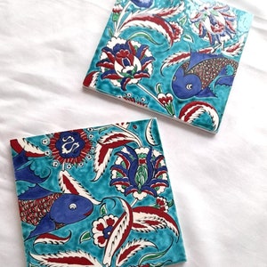 Handpainted Iznik Ceramic Tile Wall Panel: Fish & Floral Design - Etsy