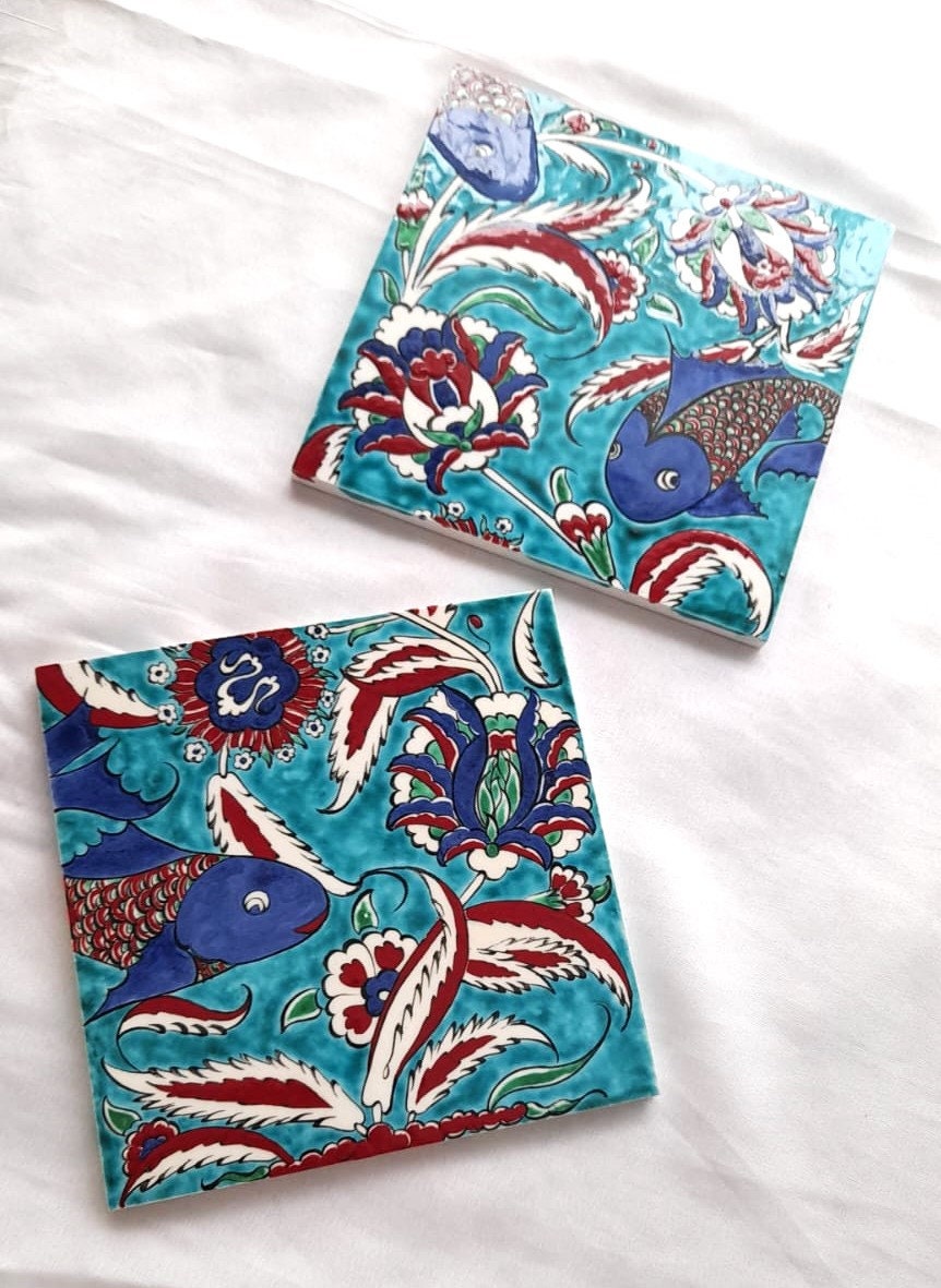 Handpainted Iznik Ceramic Tile Wall Panel: Fish & Floral Design - Etsy