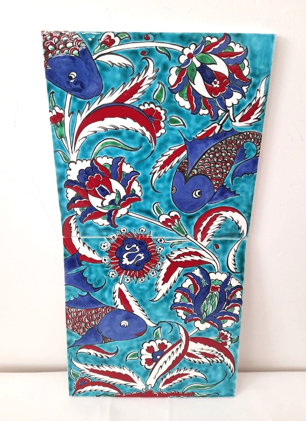 Handpainted Iznik Ceramic Tile Wall Panel: Fish & Floral Design - Etsy