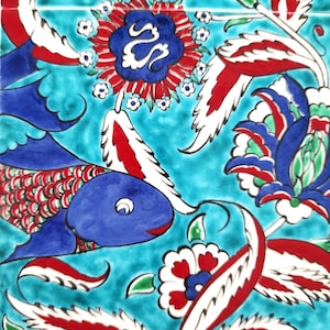 Handpainted Iznik Ceramic Tile Wall Panel: Fish & Floral Design - Etsy