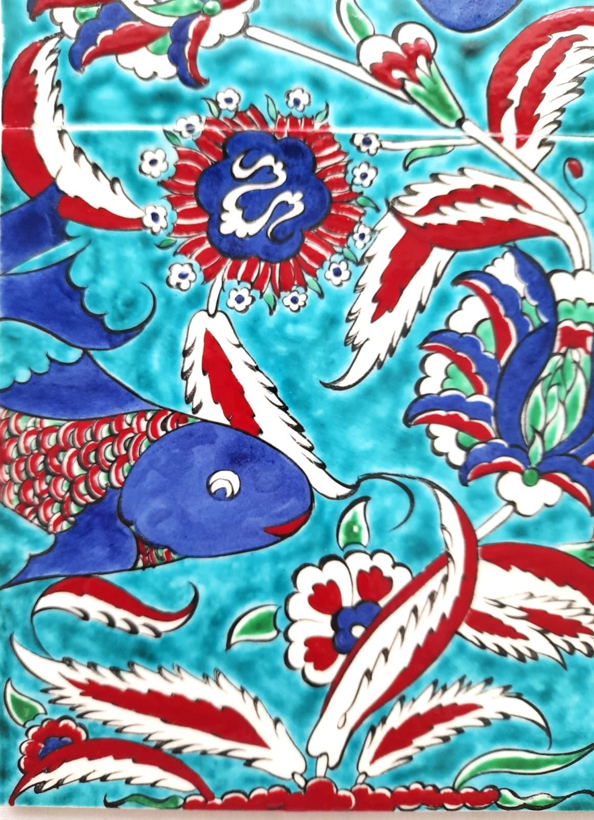 Handpainted Iznik Ceramic Tile Wall Panel: Fish & Floral Design - Etsy