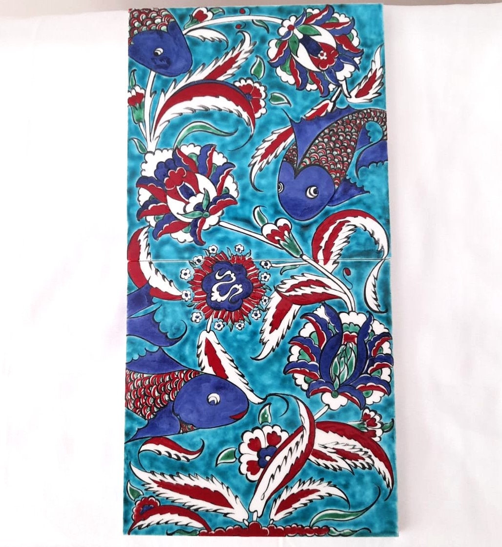 Handpainted Iznik Ceramic Tile Wall Panel: Fish & Floral Design - Etsy