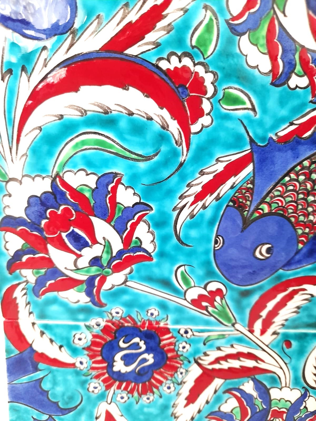 Handpainted Iznik Ceramic Tile Wall Panel: Fish & Floral Design - Etsy
