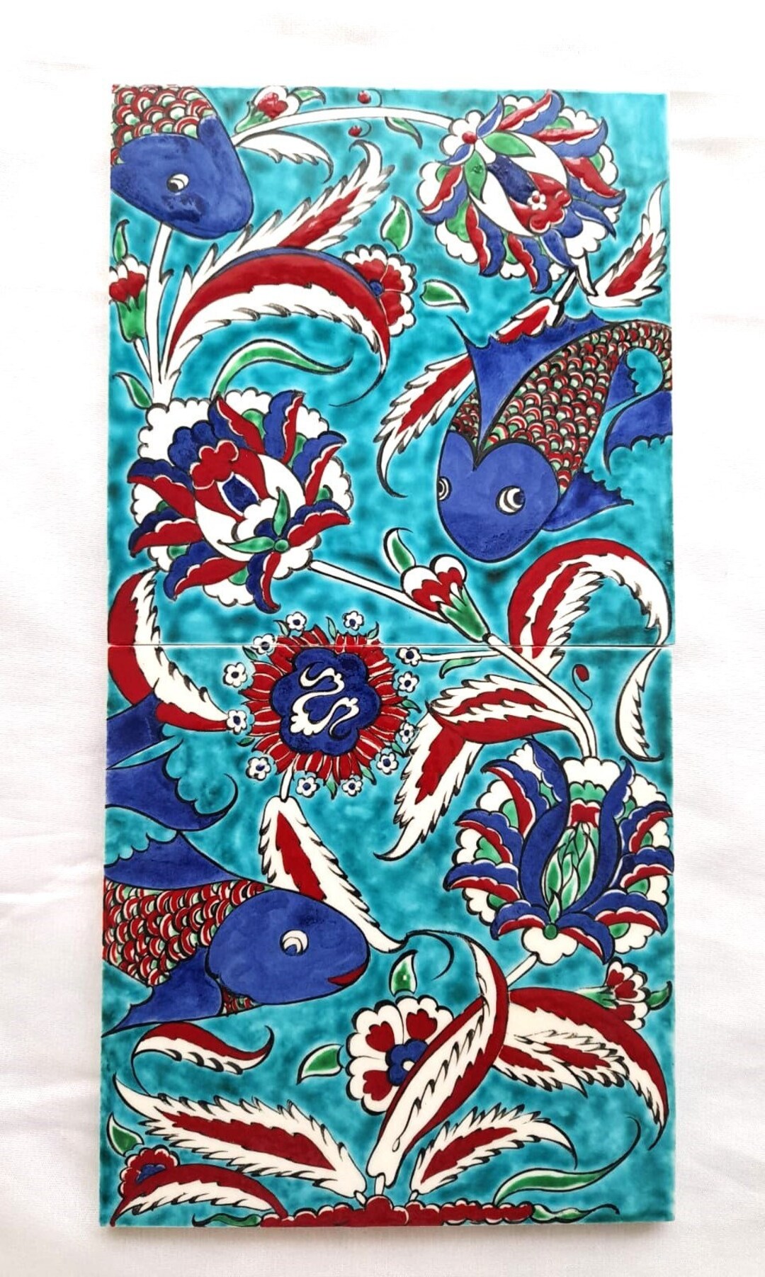 Handpainted Iznik Ceramic Tile Wall Panel: Fish & Floral Design - Etsy