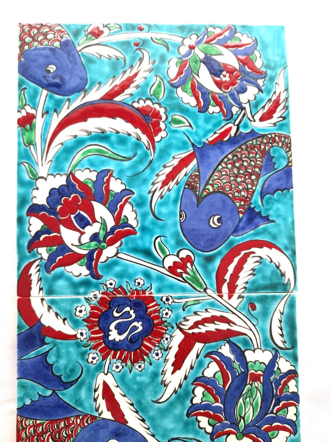 Handpainted Iznik Ceramic Tile Wall Panel: Fish & Floral Design - Etsy