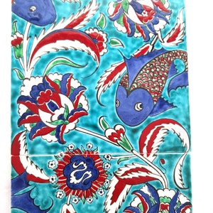 Handpainted Iznik Ceramic Tile Wall Panel: Fish & Floral Design - Etsy