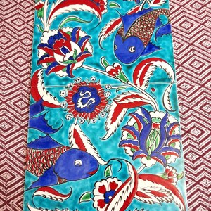 Handpainted Iznik Ceramic Tile Wall Panel: Fish & Floral Design - Etsy
