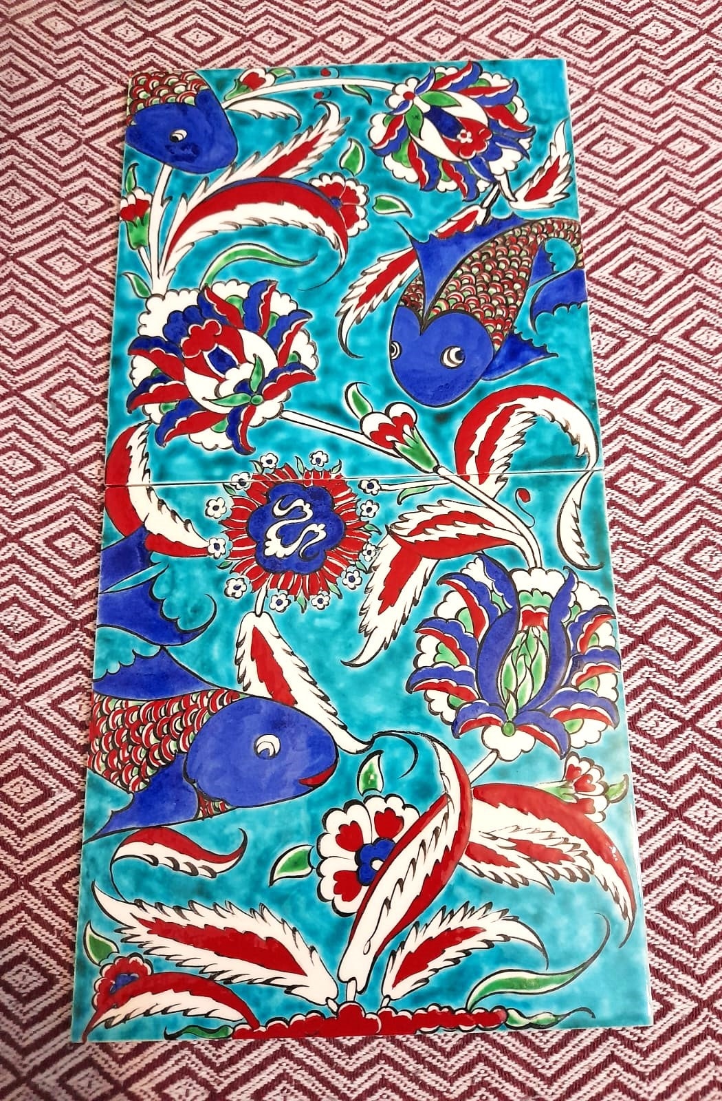 Handpainted Iznik Ceramic Tile Wall Panel: Fish & Floral Design - Etsy