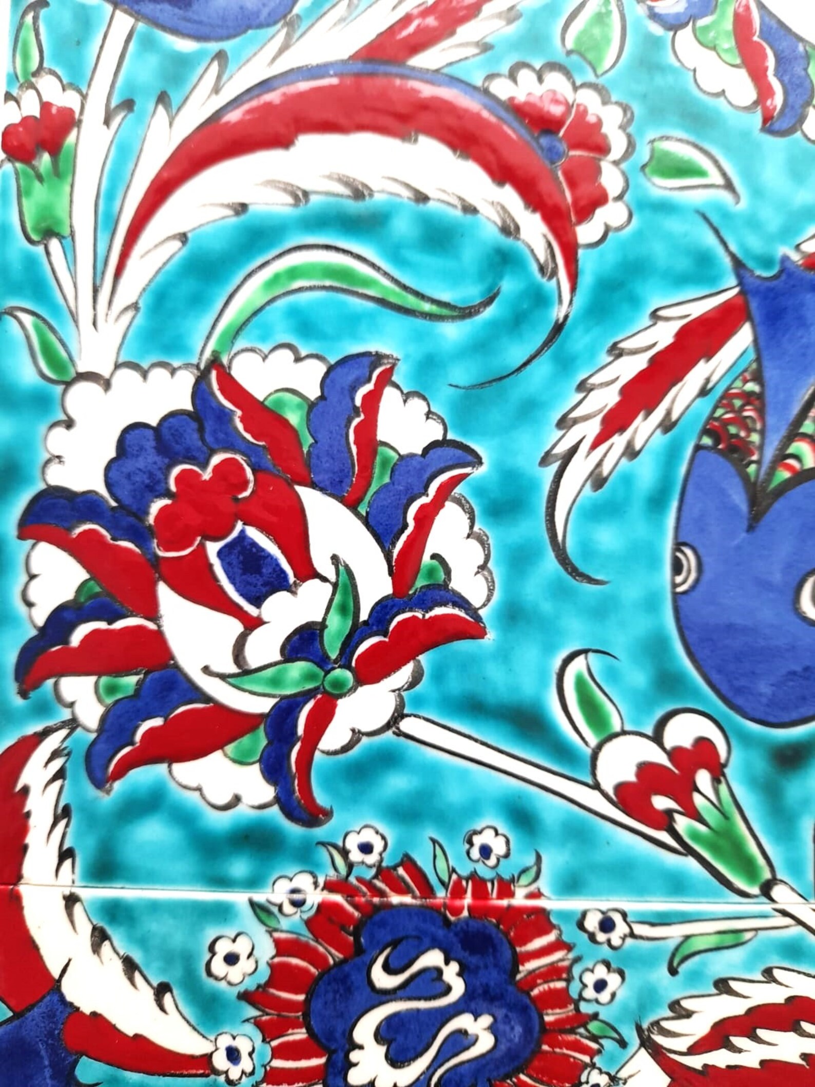 Handpainted Iznik Ceramic Tile Wall Panel: Fish & Floral Design - Etsy
