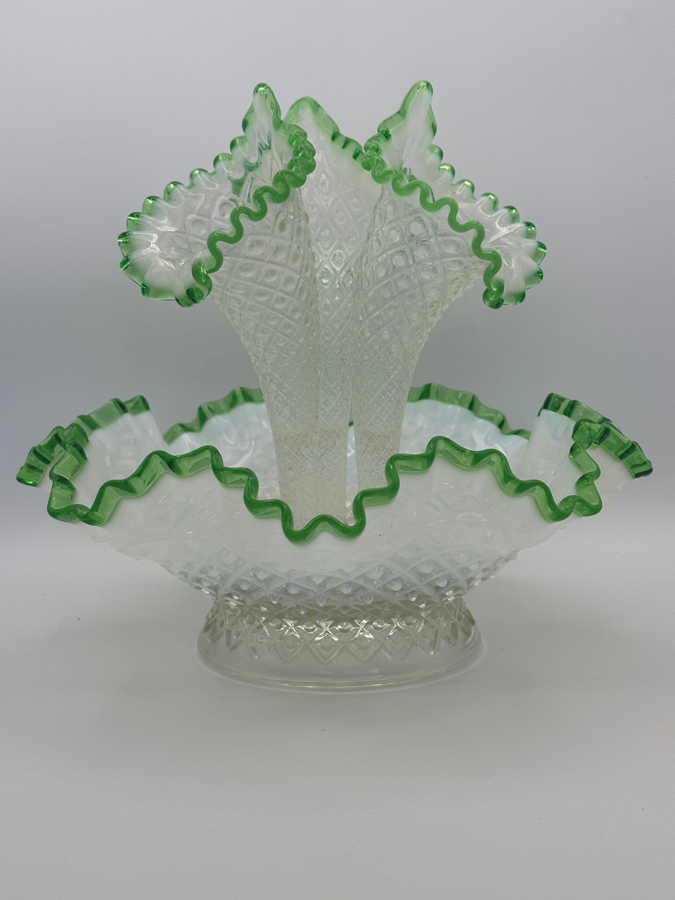 Vintage Fenton Diamond Lace Opalescent Green Crest 3 Horn Epergne - Etsy