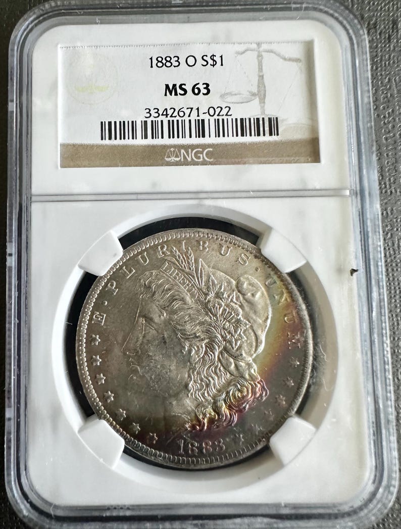 RARA moeda de prata Morgan de 1883-O-MS63 com tonalidade crescente ...