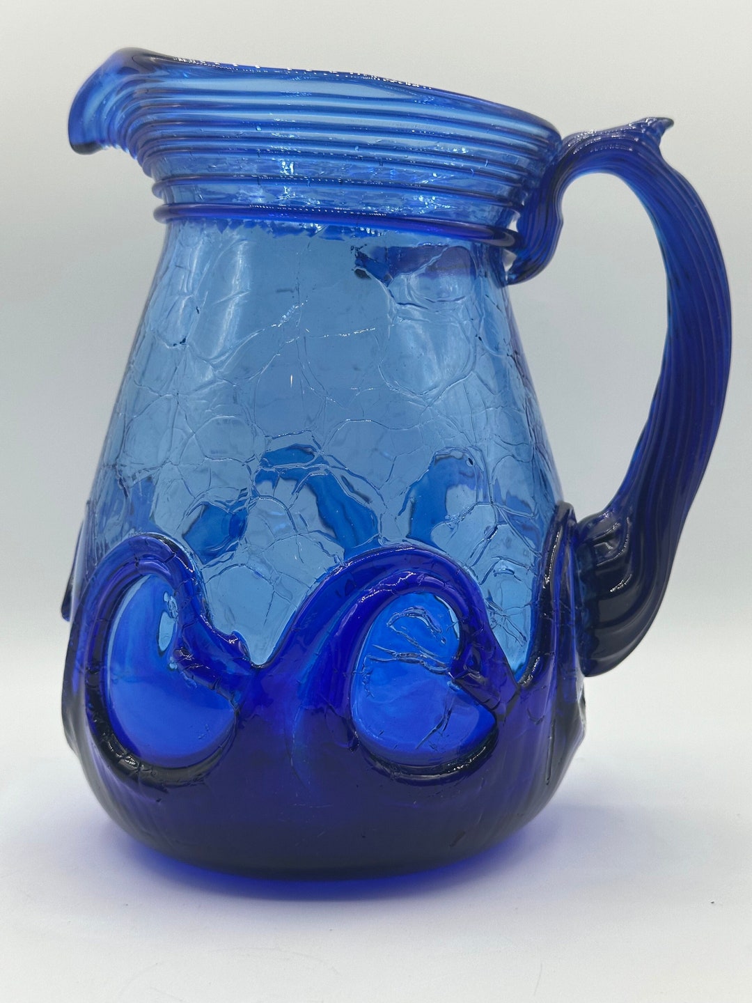 Joe Deanda Dollywood Art Glass Blue Crackle Glass Pitcher (signed) - Etsy