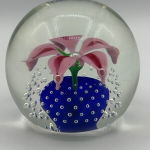 Pink Art Glass Flower Paperweight in a Blue Pot With Bubbles - Etsy