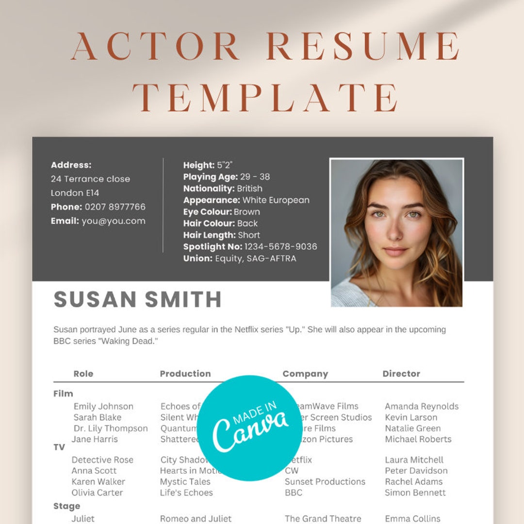 Perfect Actor Resume/cv Template V4 With Corner Headshot, Actress, Film ...