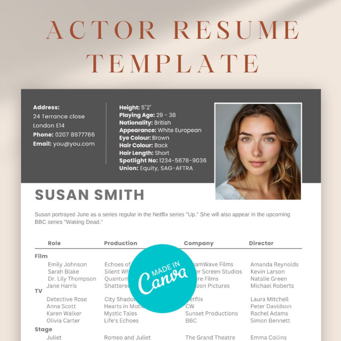 Perfect Actor Resume/cv Template V4 With Corner Headshot, Actress, Film ...