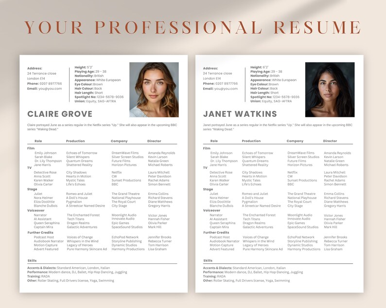 Actor Resume Template With Corner Headshot (canva) - Etsy