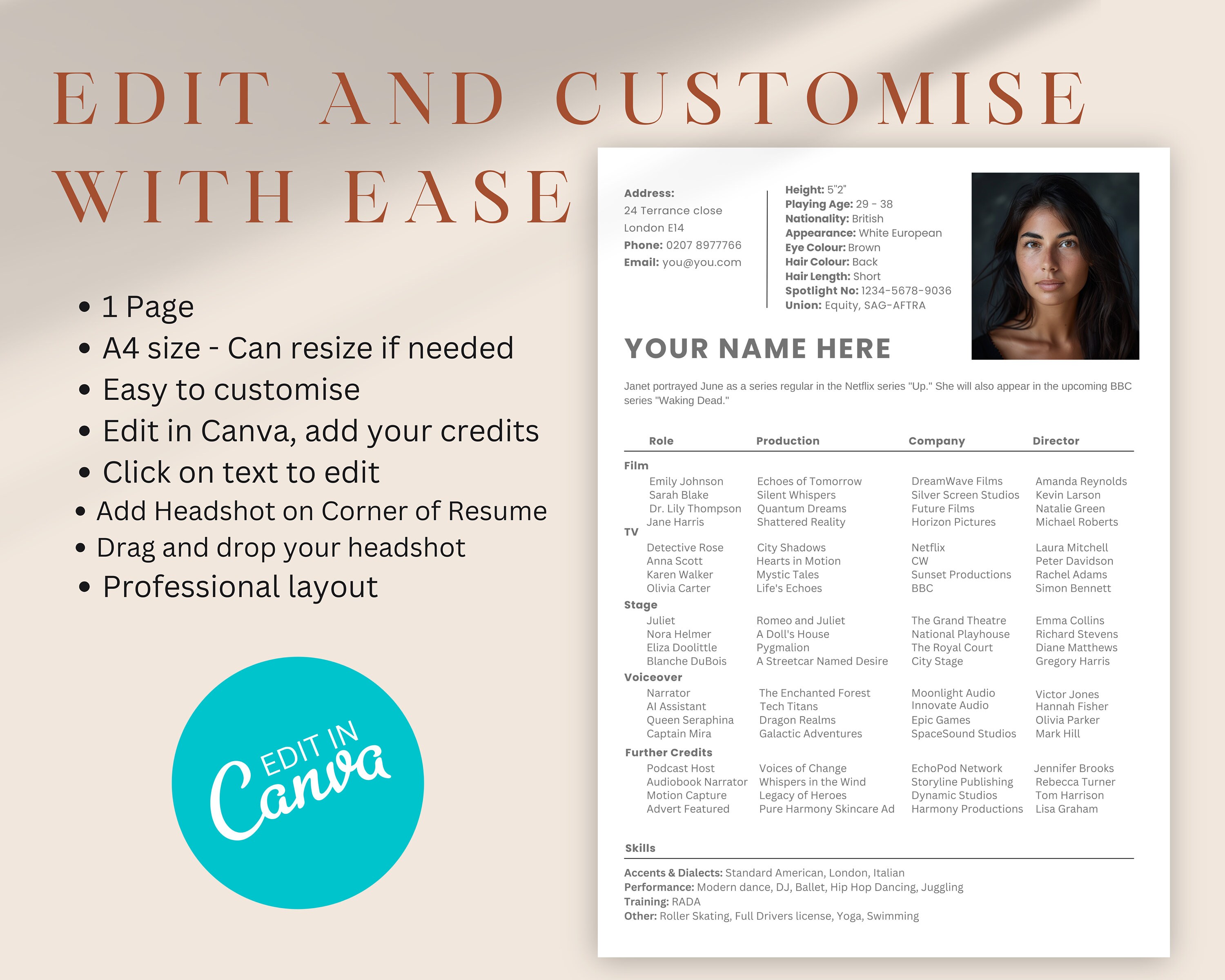 Actor Resume Template With Corner Headshot (canva) - Etsy