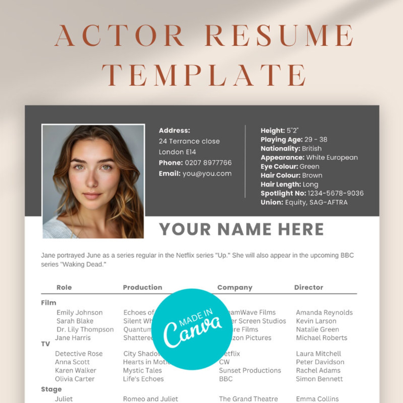 Your Actor Resume/cv Template V5 With Corner Headshot, Actress, Film ...
