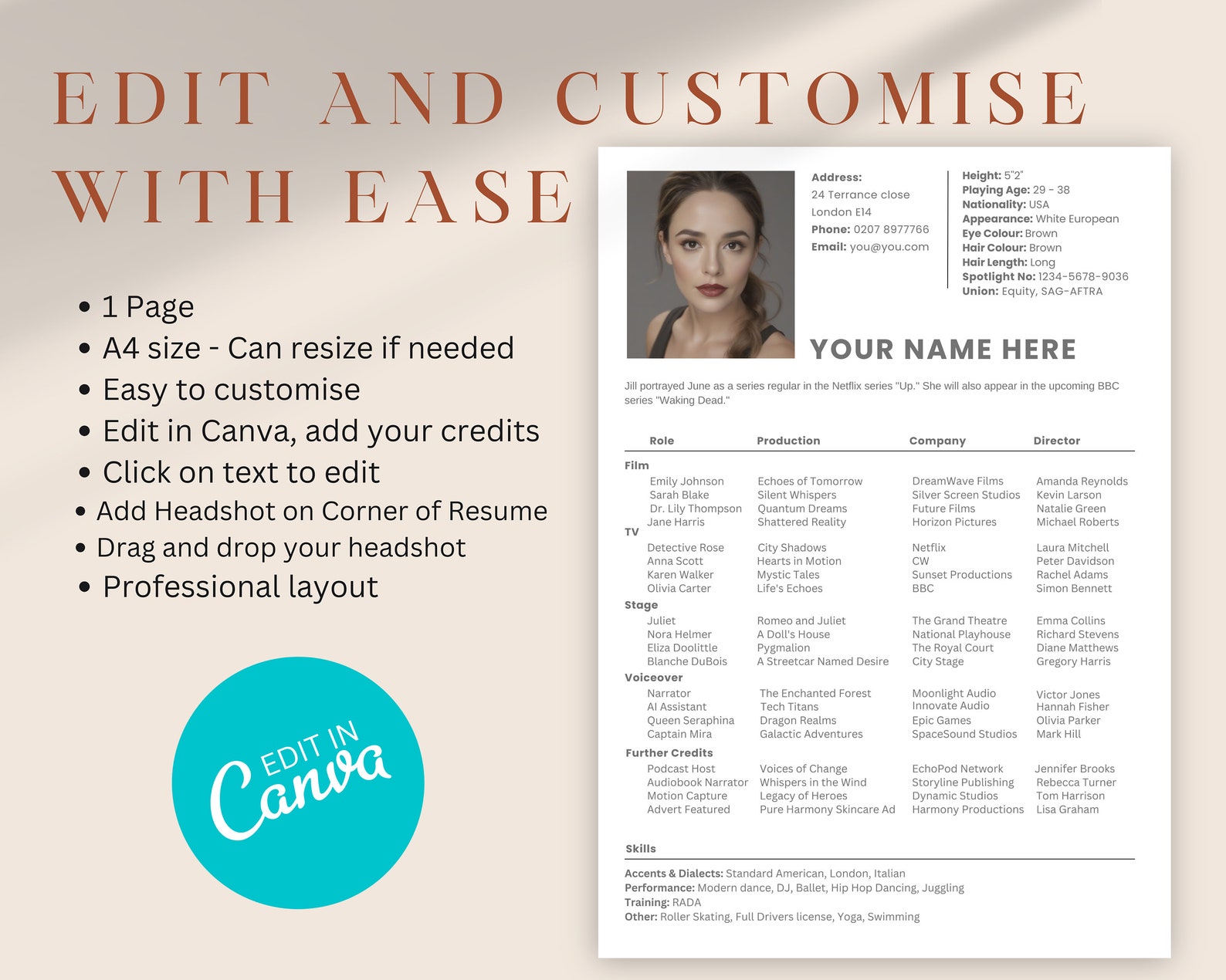 Actor Resume Template: Customizable Headshot, Canva Editable - Etsy