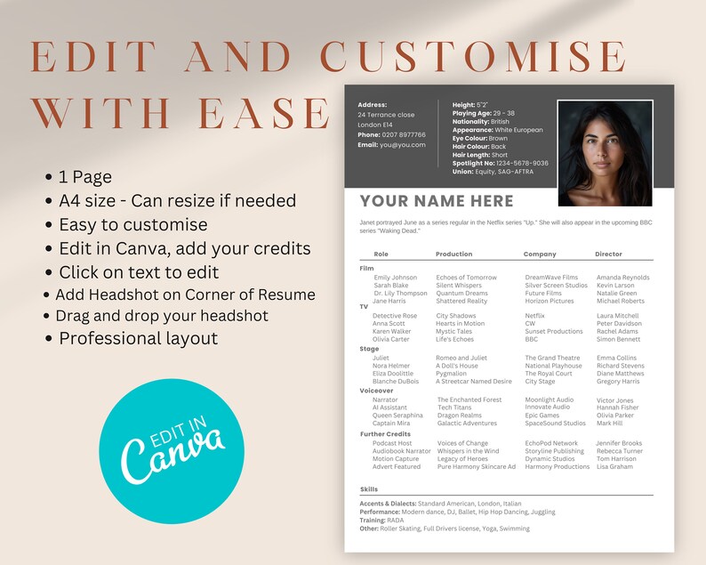 Perfect Actor Resume/cv Template V4 With Corner Headshot, Actress, Film ...