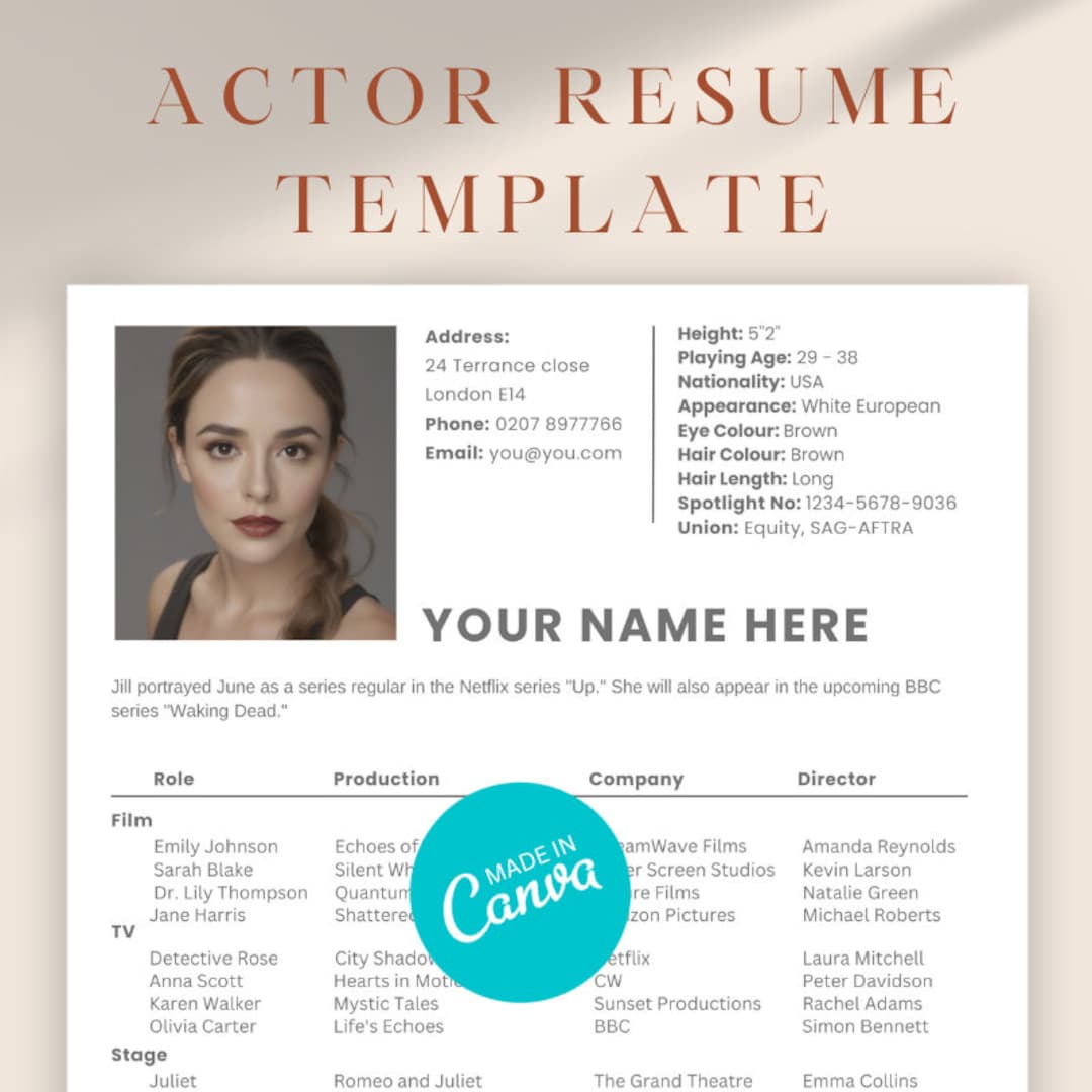 Actor Resume Template: Customizable Headshot, Canva Editable - Etsy