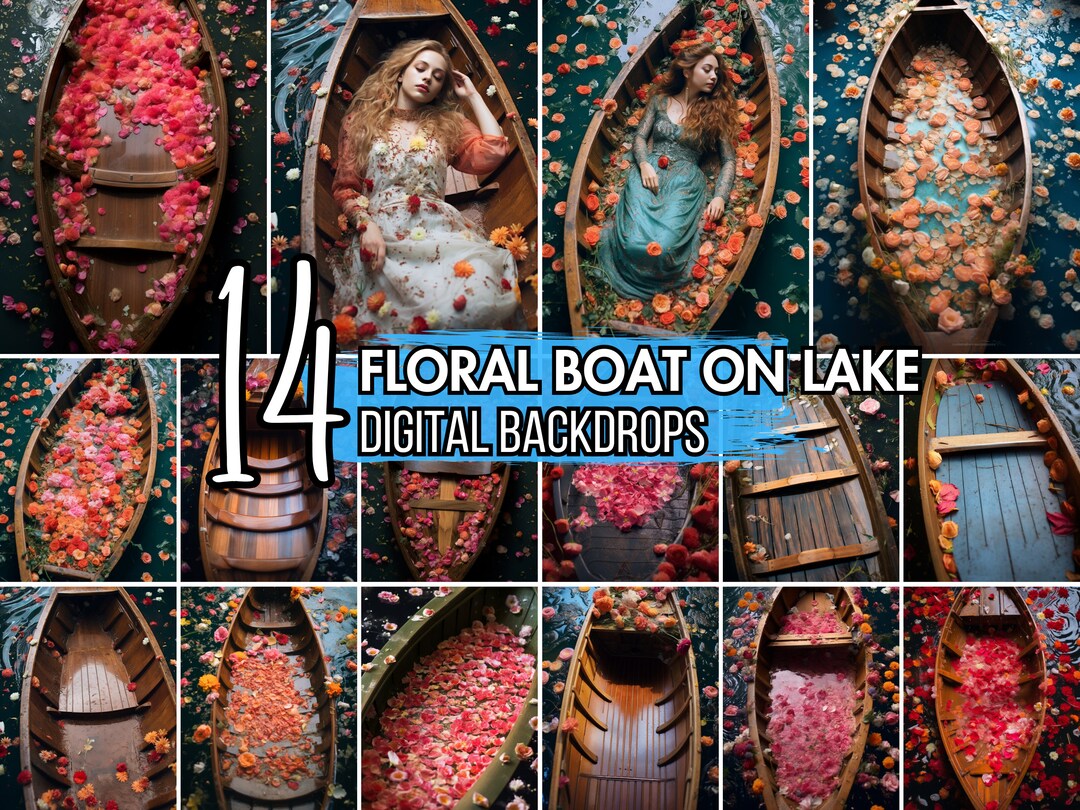 14 Floral Boat on Lake Digital Backdrop Overlay for Portrait ...