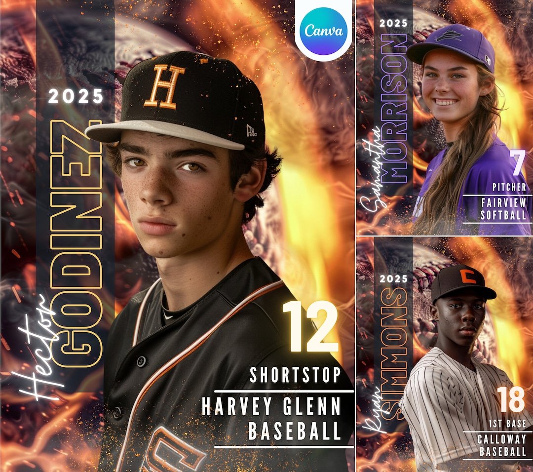 Baseball Player Canva Template | Fiery Custom Poster, Senior Sports ...