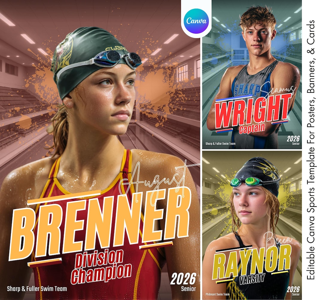 Swim Team Poster Canva Template | Senior Sports Poster, Swim Photo Card ...