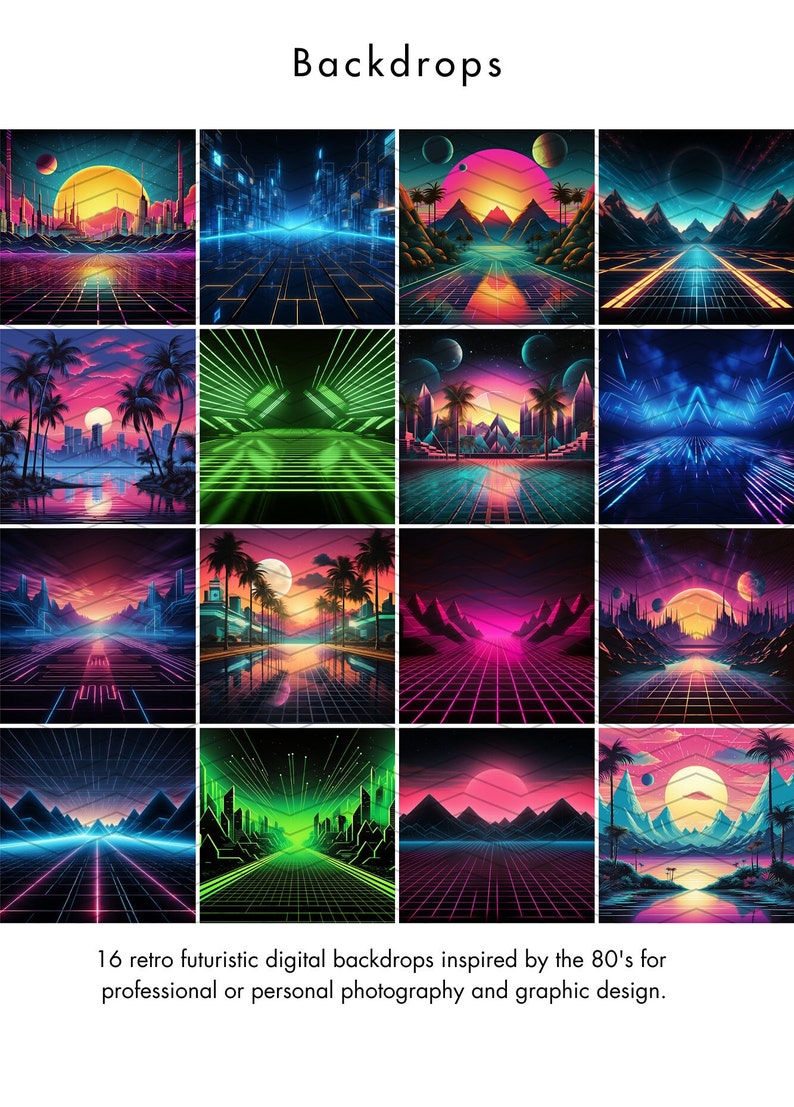 16 Retro 80s Photo Backdrops Digital Backgrounds: Synthwave, Neon, Lofi ...