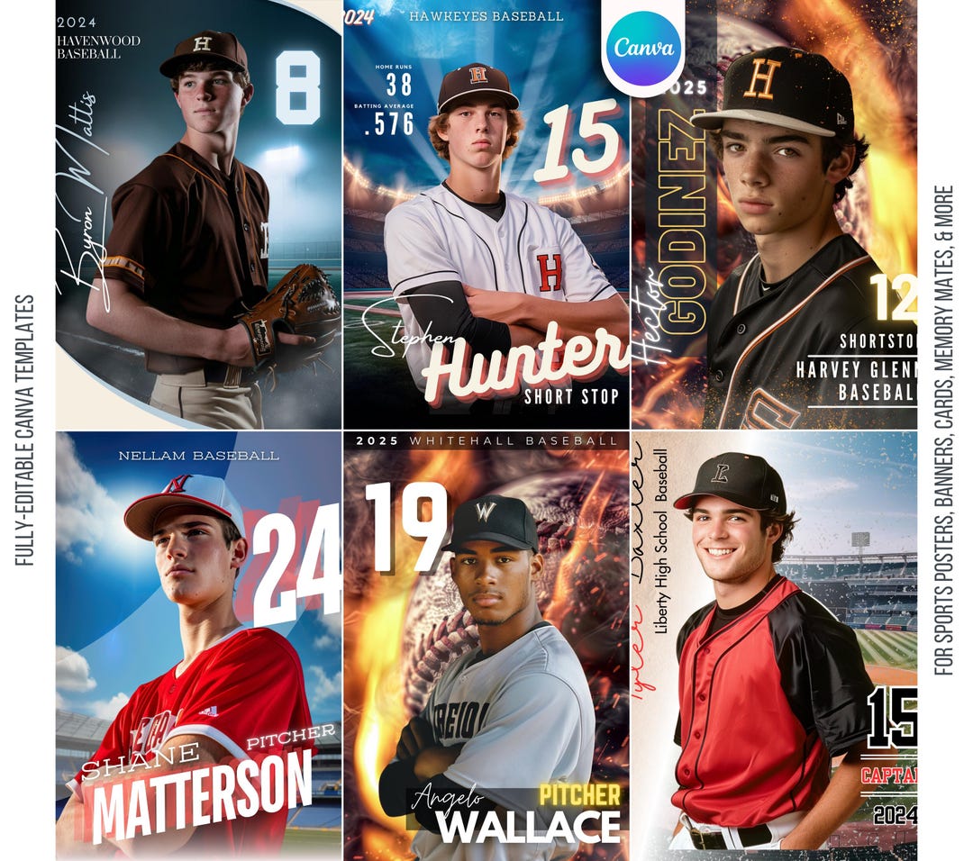 8 Baseball Canva Template Bundle | for Senior Sports Posters, Baseball ...
