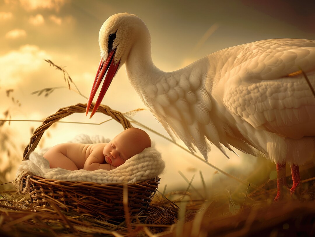 Stork & Newborn Digital Background Whimsical Stork and Basket Scene ...