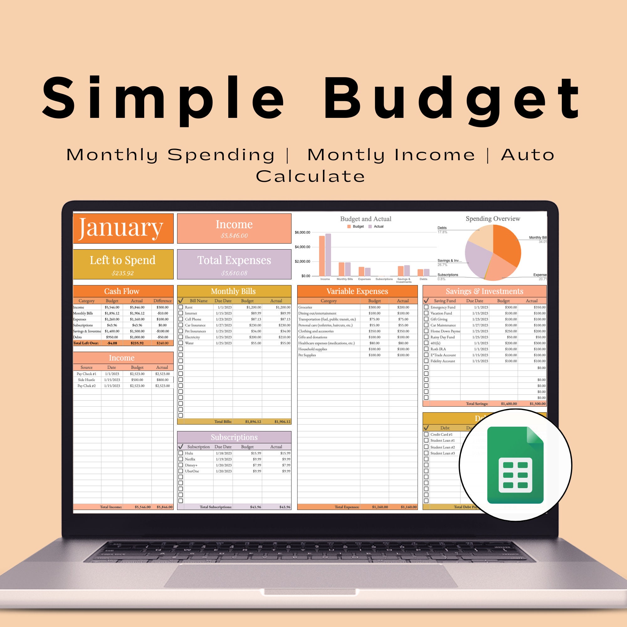 Monthly Budget Spreadsheets for Google Sheets, Budget Template, Budget ...
