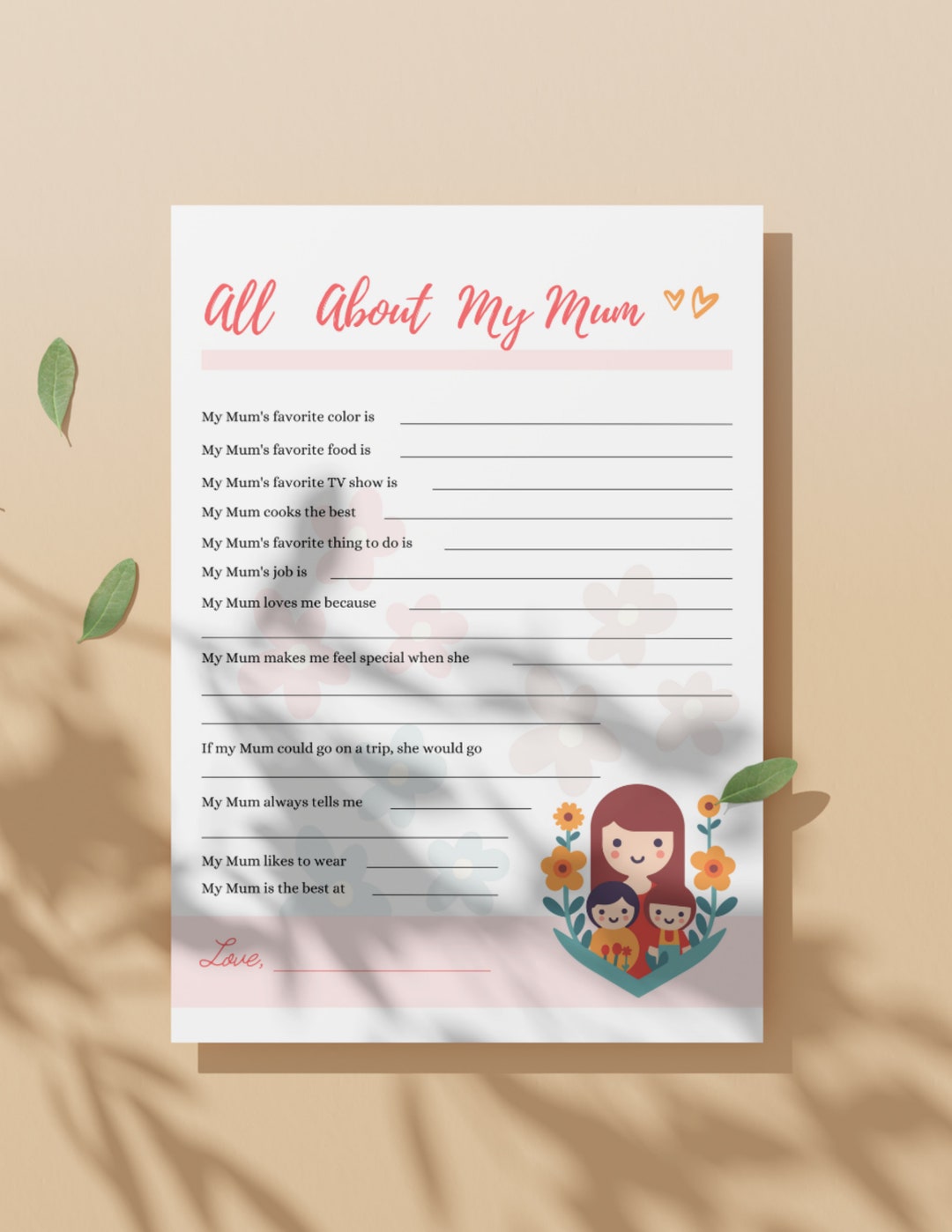 Mothers Day or Mums Birthday Printable Gift - All About My Mum Poster ...
