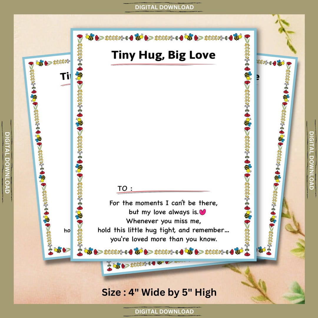 Printable Pocket Hug Card Template – Bee and Flower Mini Note – Digital ...